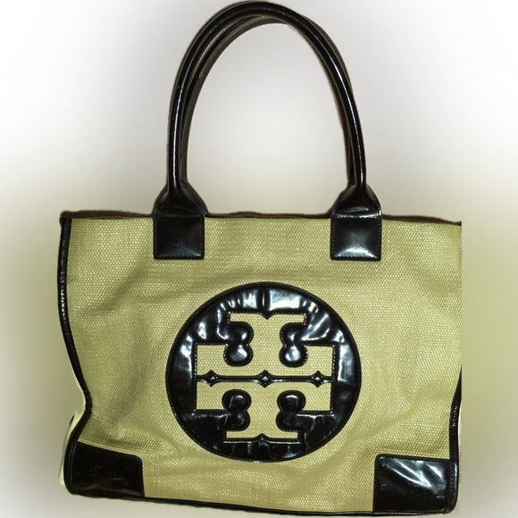 Tory Burch | Bags | Tory Burch Ella Woven Straw And Patent Leather Xl ...